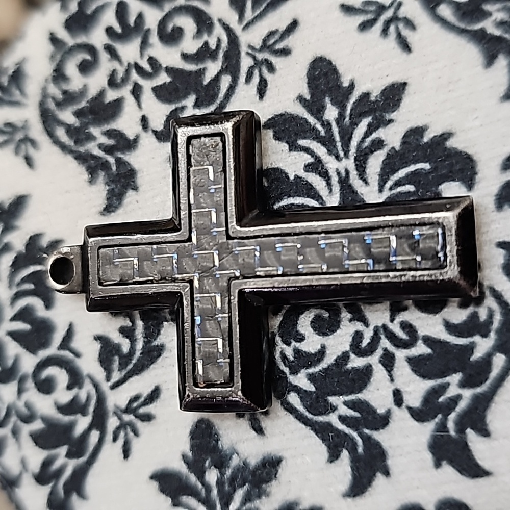 Stainless Steel Blue Carbon Fiber Cross Pendant Euc - Gem